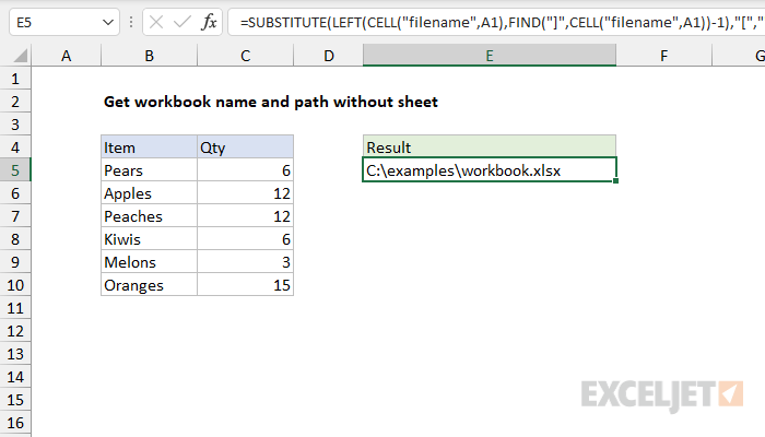 Excel Formula Get Workbook Name And Path Without Sheet Exceljet